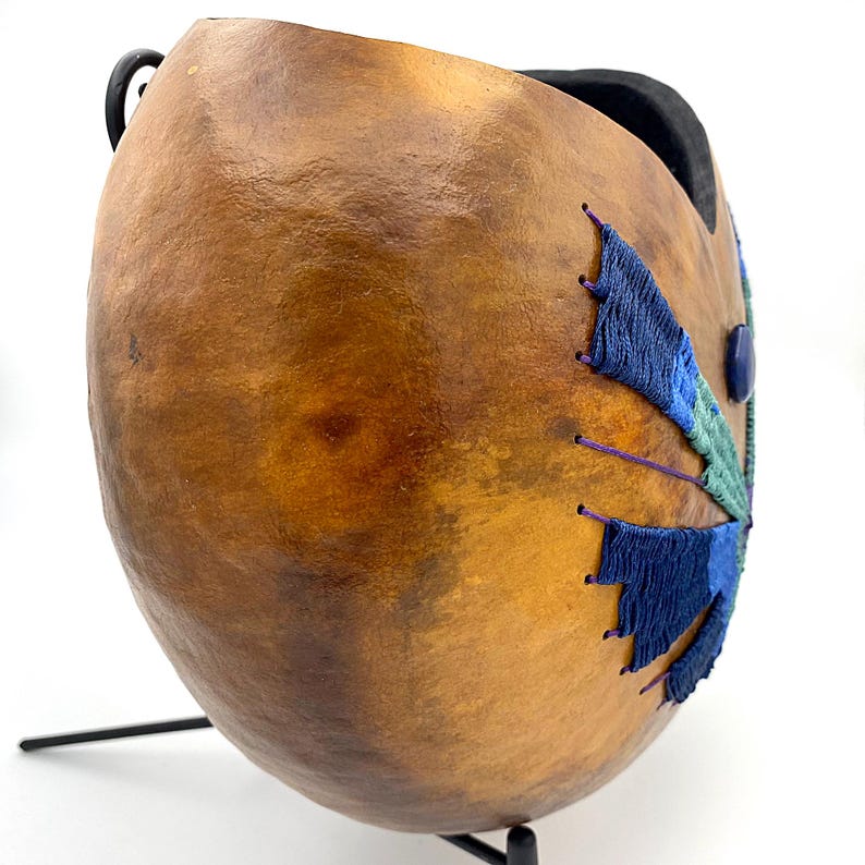 Gourd Vessel With Teneriffe Lace Pattern and Blue Stone Attached. Stand ...