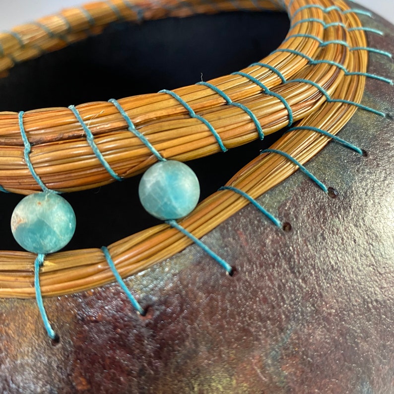 Gourd Art Vessel Dyed With Transtint Dye. Pine Needles and Blue Beads ...
