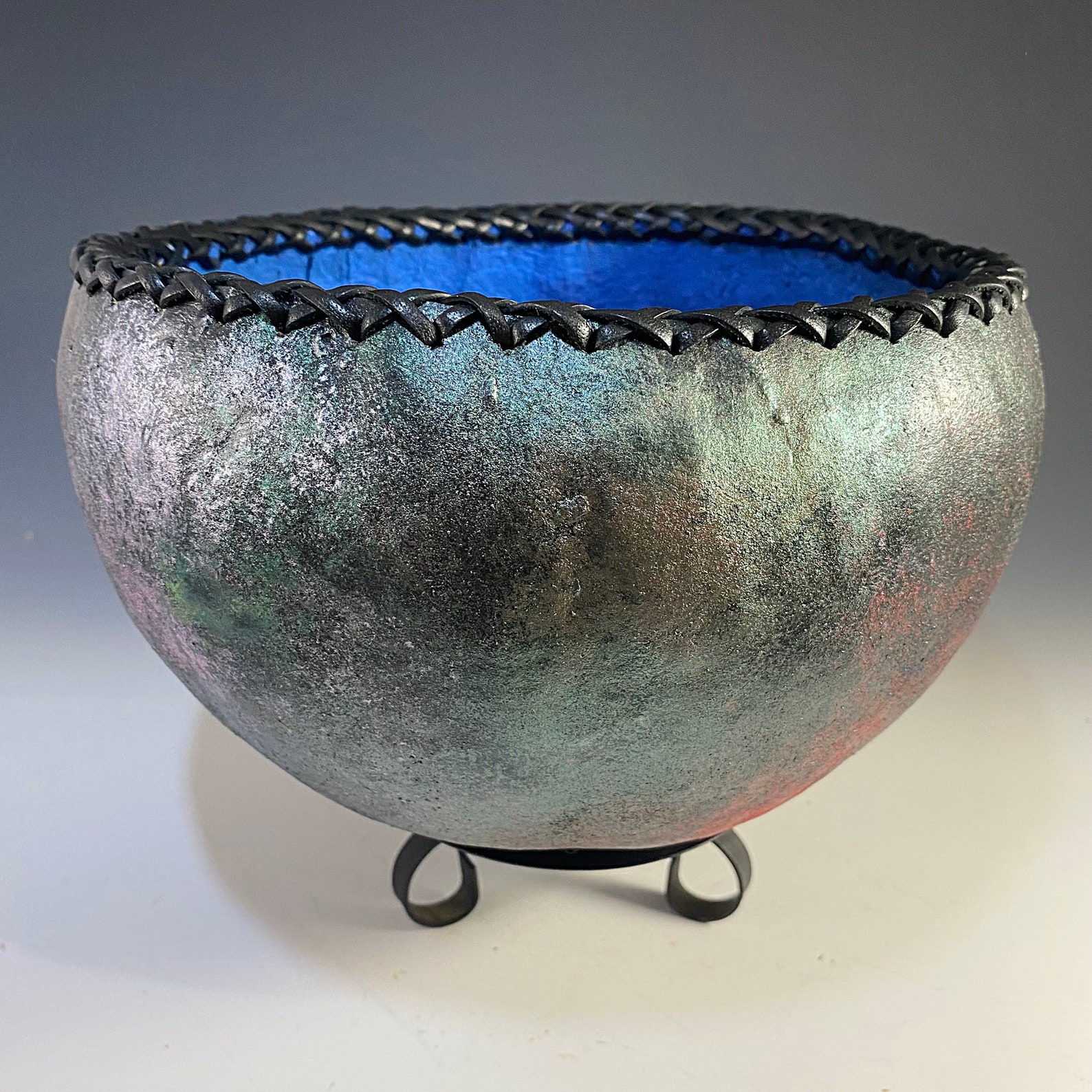 Gourd Vessel With Faux Raku Finish. Braided Leather Lacing on Rim ...