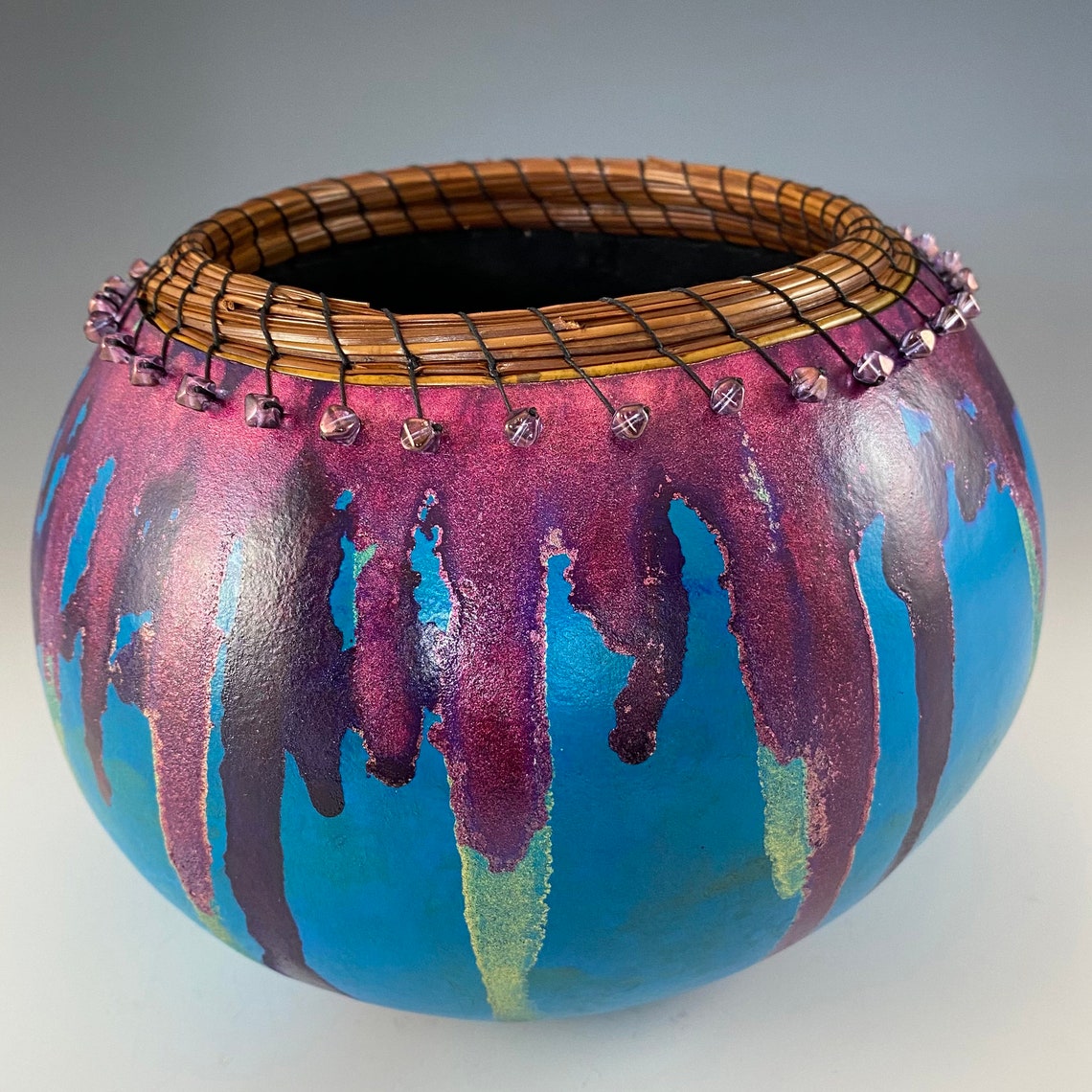Gourd Vessel Dyedwith Jacquard Pinata Dye With a Pine Needle Woven Rim ...