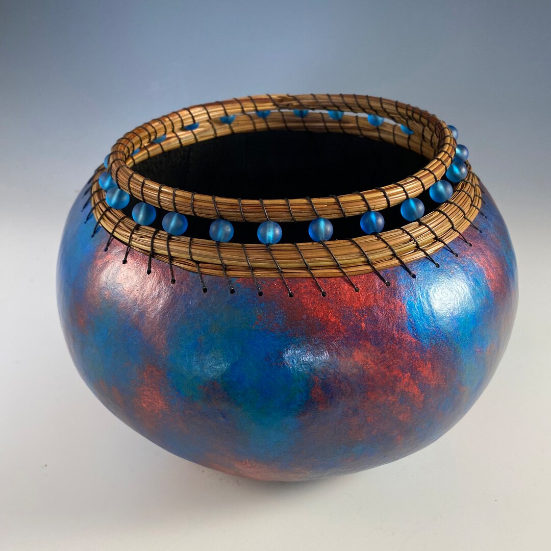 Gourd Vessel Dyed With Jacquard Pinata Dye With a Pine Needle Woven Rim ...