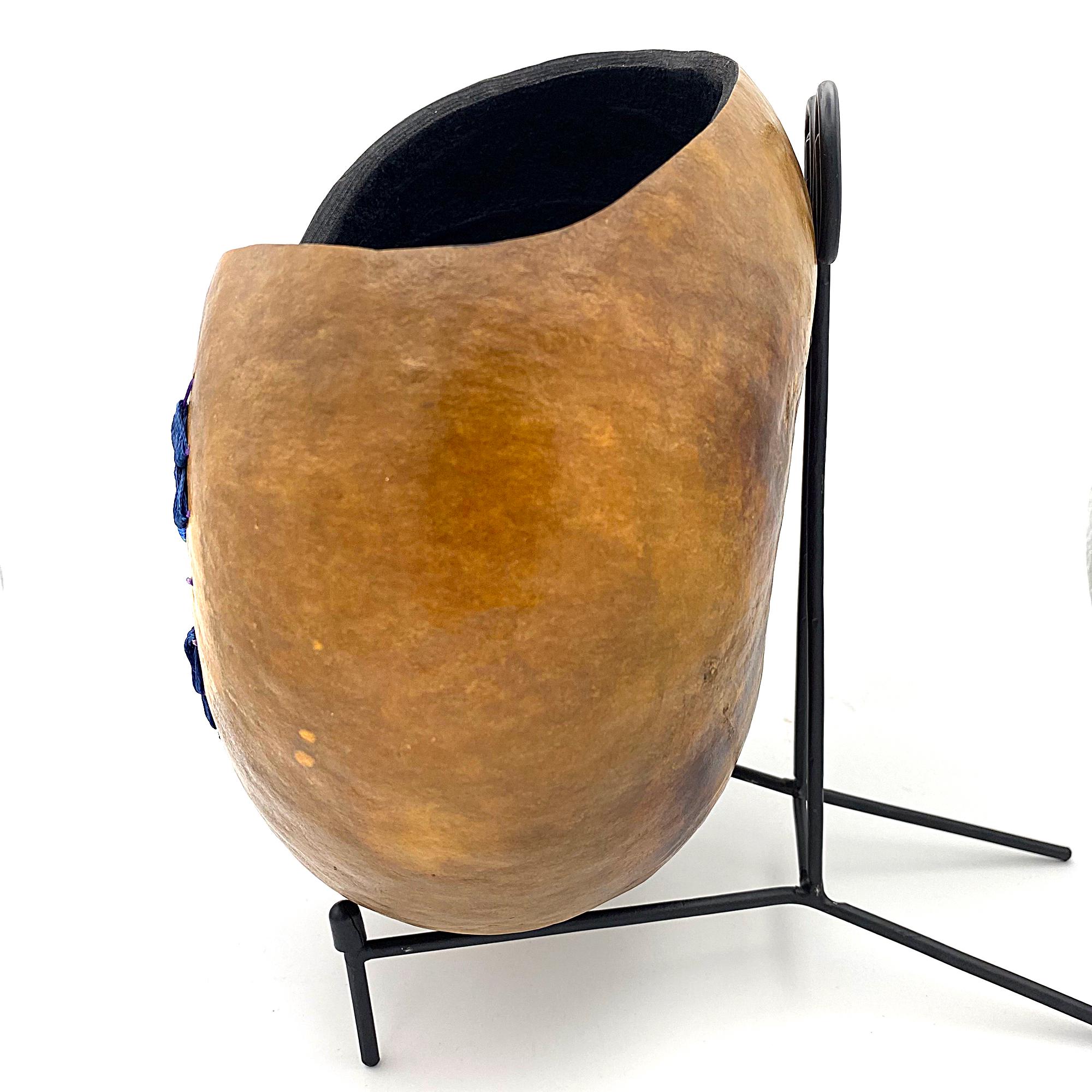 Gourd Vessel With Teneriffe Lace Pattern and Blue Stone Attached. Stand ...