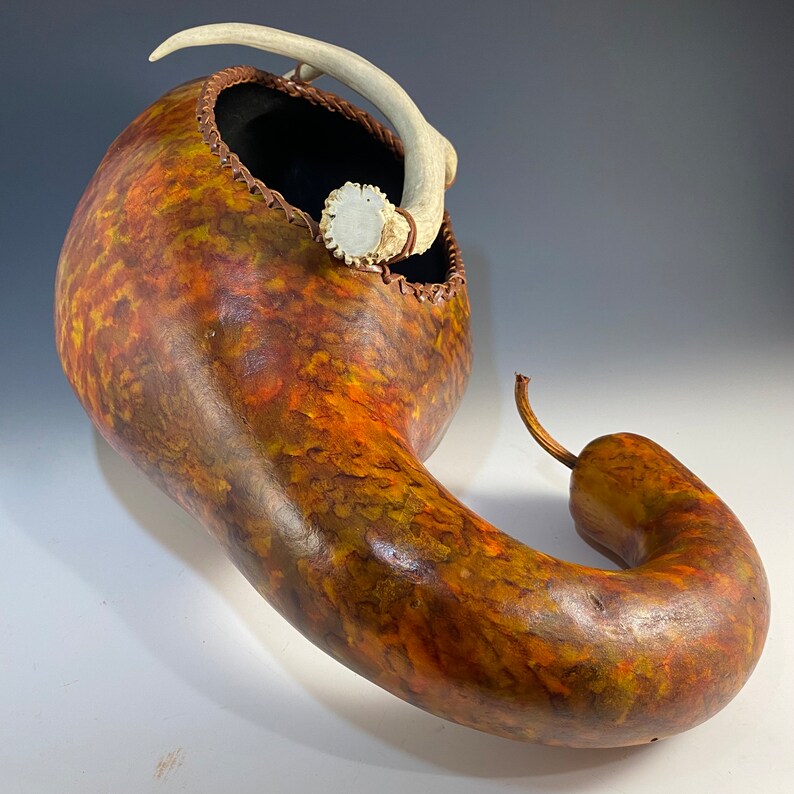 Gourd Art Vessel Dyed With Transtint. Leather Lacing Woven Rim. Antler ...