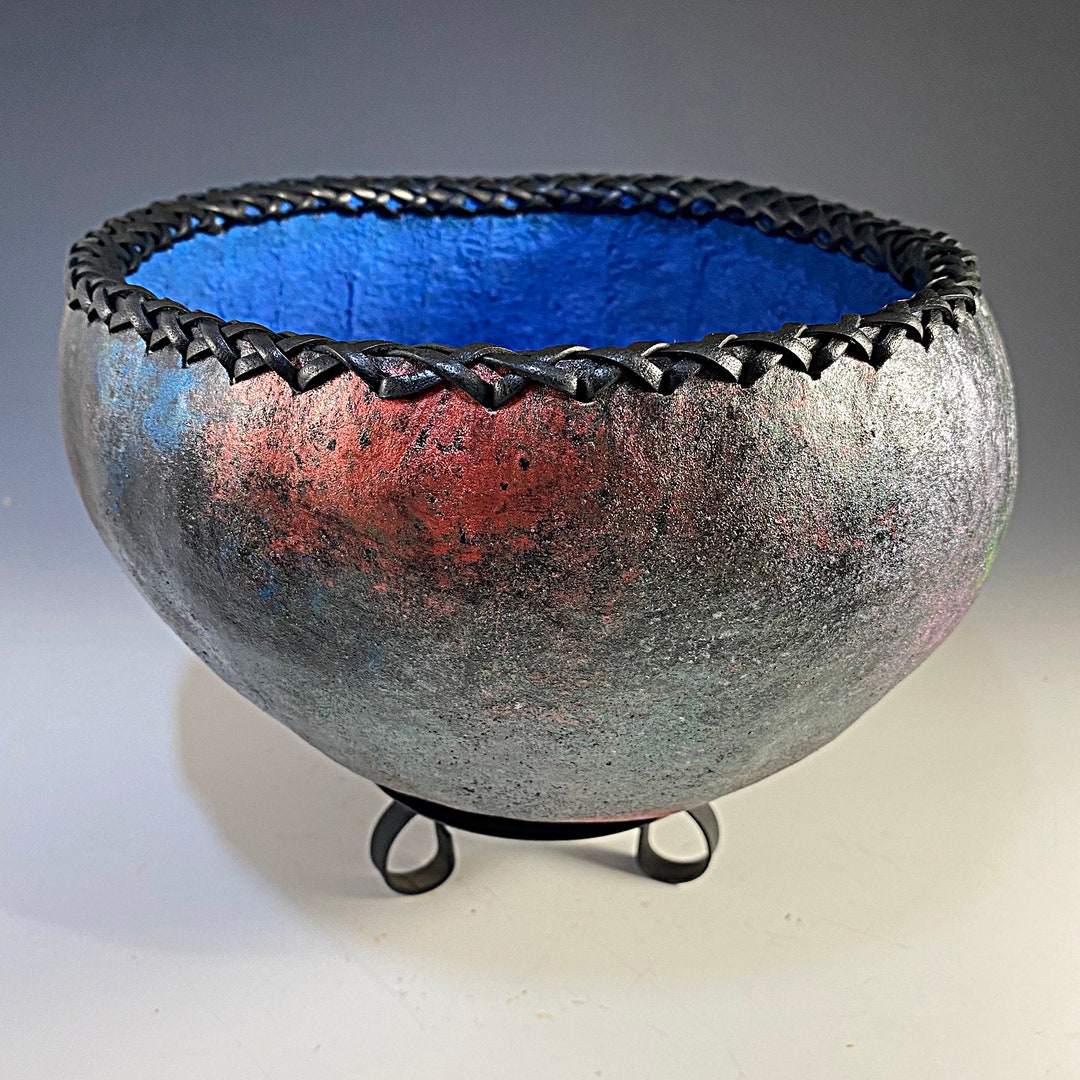 Gourd Vessel With Faux Raku Finish. Braided Leather Lacing on Rim ...