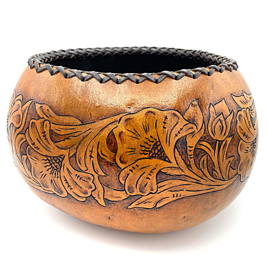 Faux Leather Tooled Gourd Vessel With Braided Leather Lace - Etsy