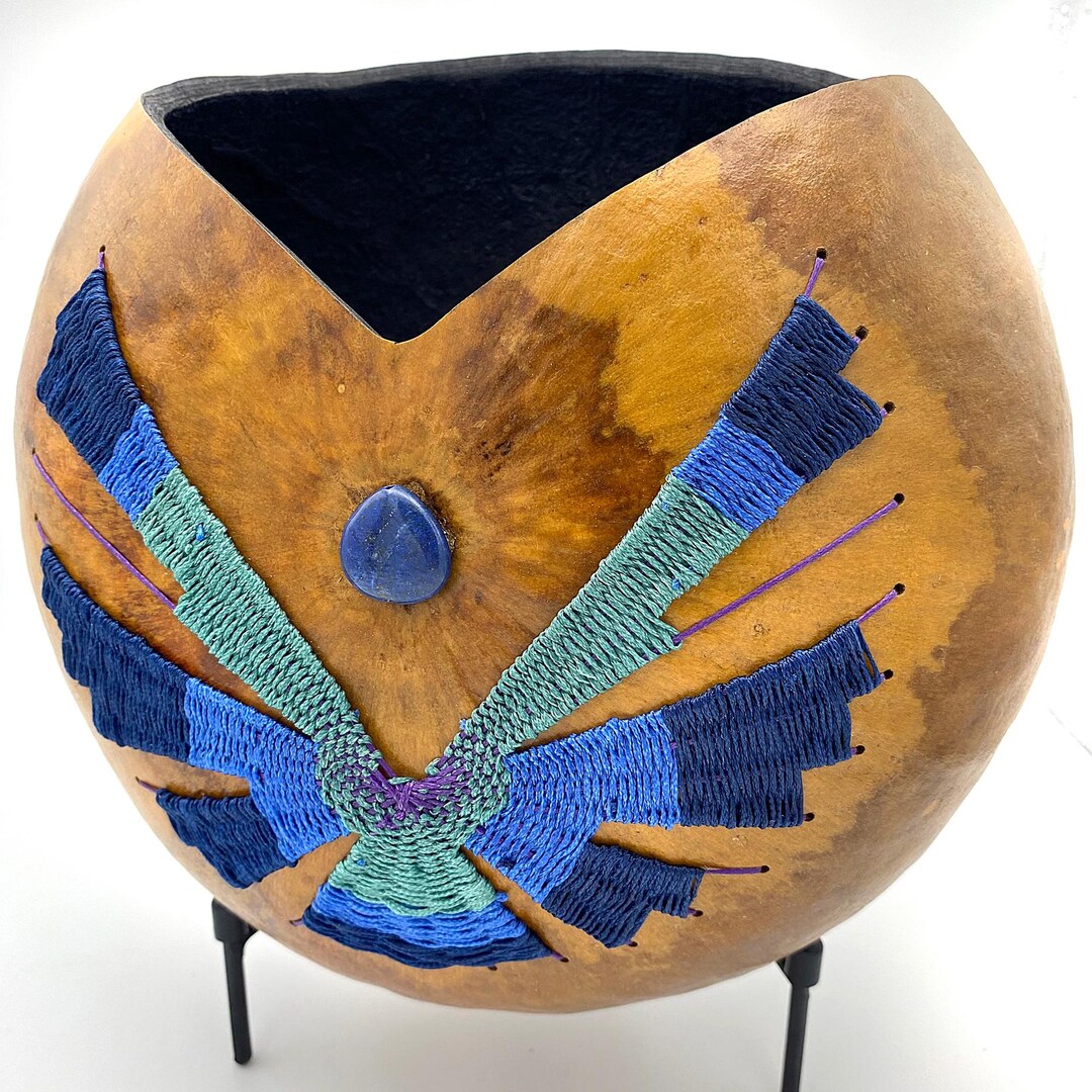 Gourd Vessel With Teneriffe Lace Pattern and Blue Stone Attached. Stand ...