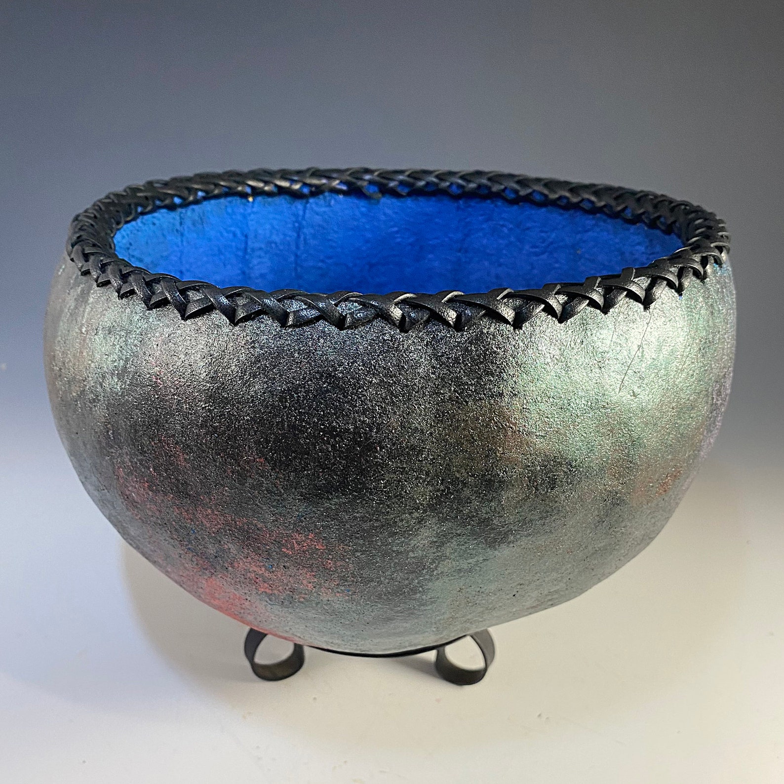 Gourd Vessel With Faux Raku Finish. Braided Leather Lacing on Rim ...