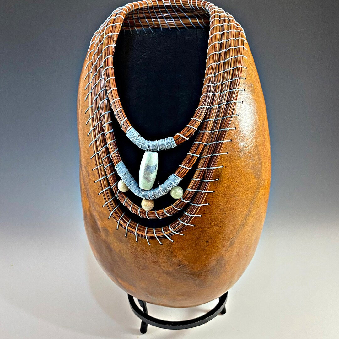Gourd Art With Four Rows of Pine Needles. Beads Woven In. Stand ...