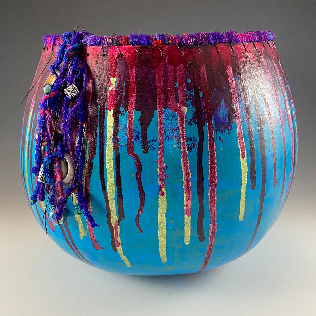 Gourd Vessel Dyed With Jacquard Pinata Dye. Yarns and Beads on Rim. - Etsy