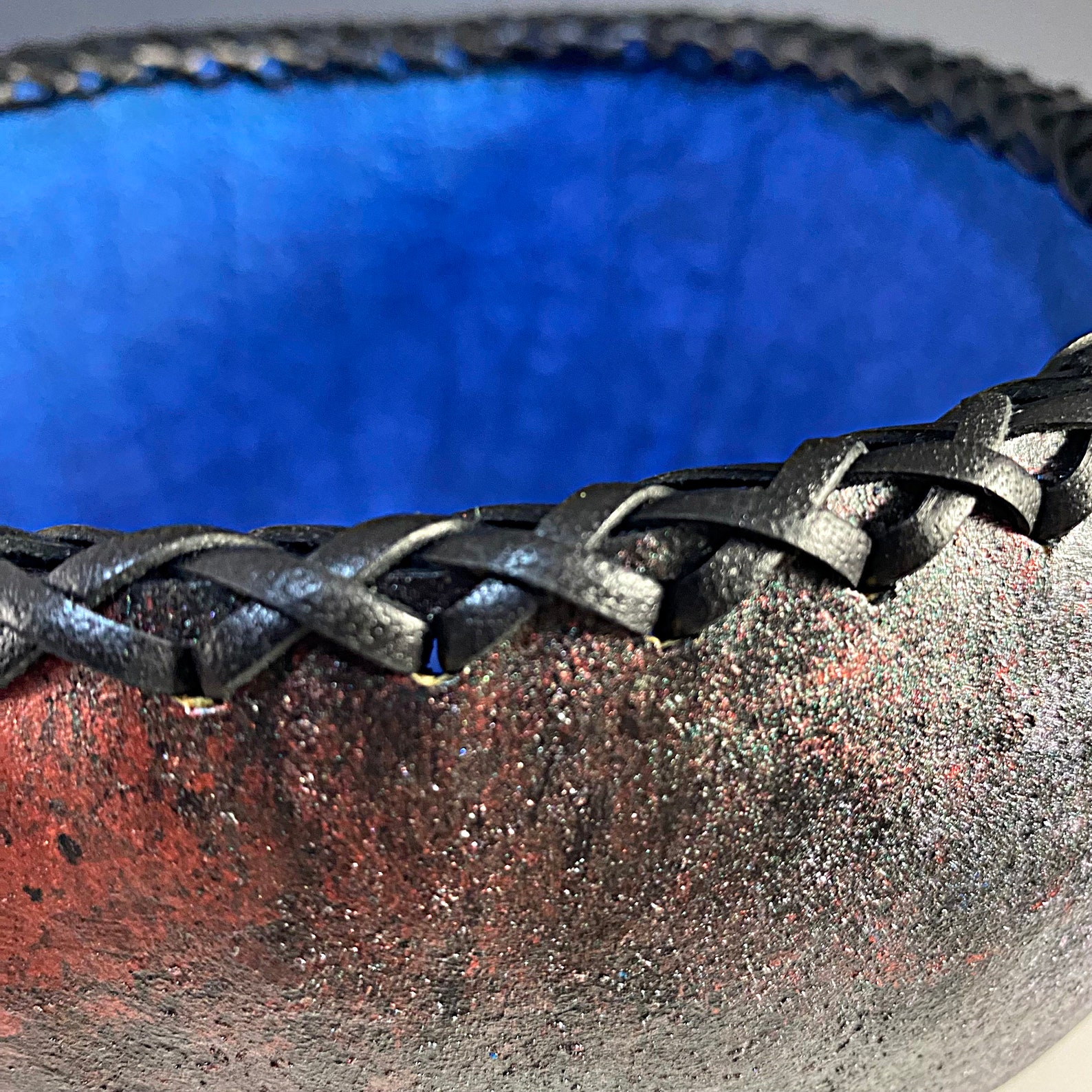 Gourd Vessel With Faux Raku Finish. Braided Leather Lacing on Rim ...