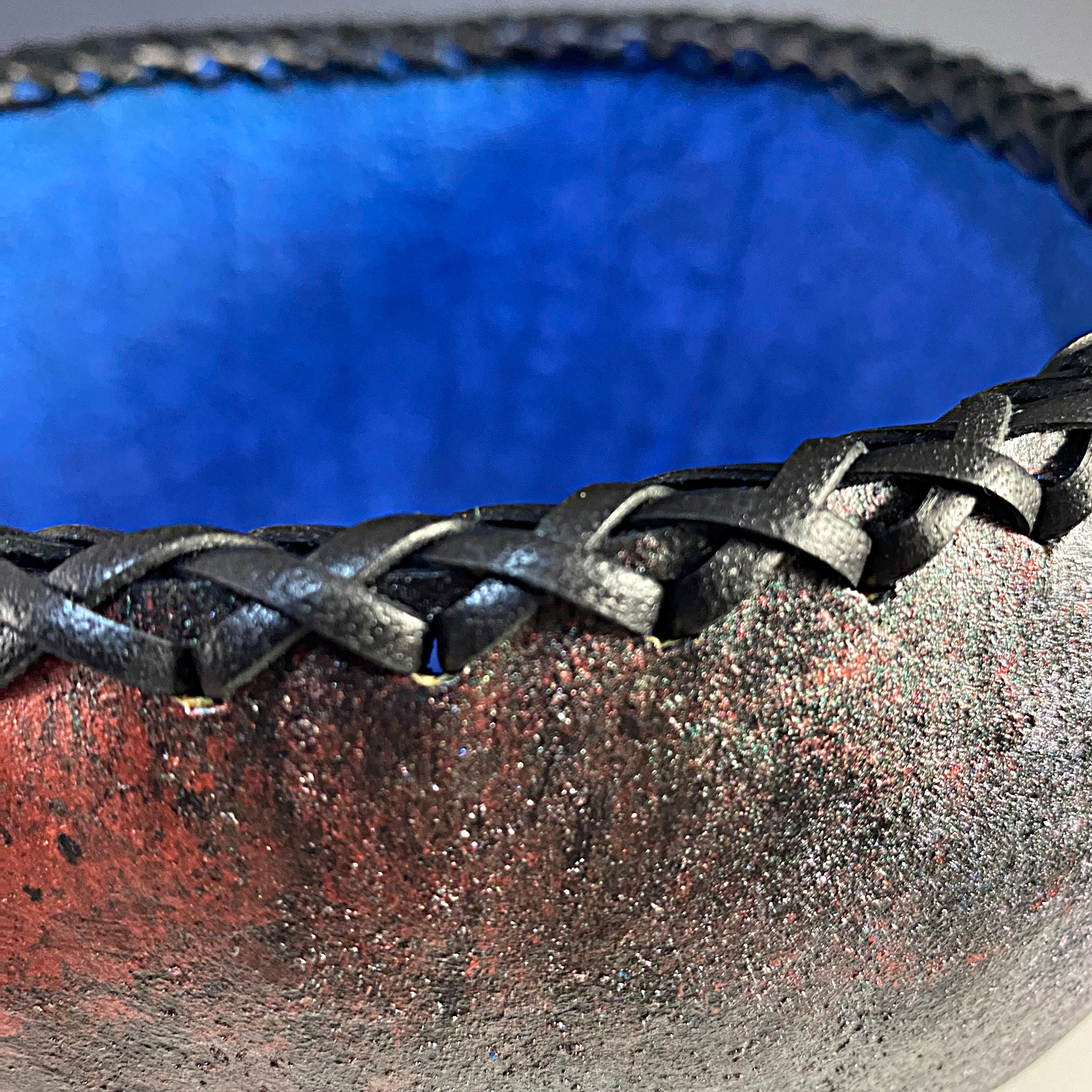 Gourd Vessel With Faux Raku Finish. Braided Leather Lacing on Rim ...