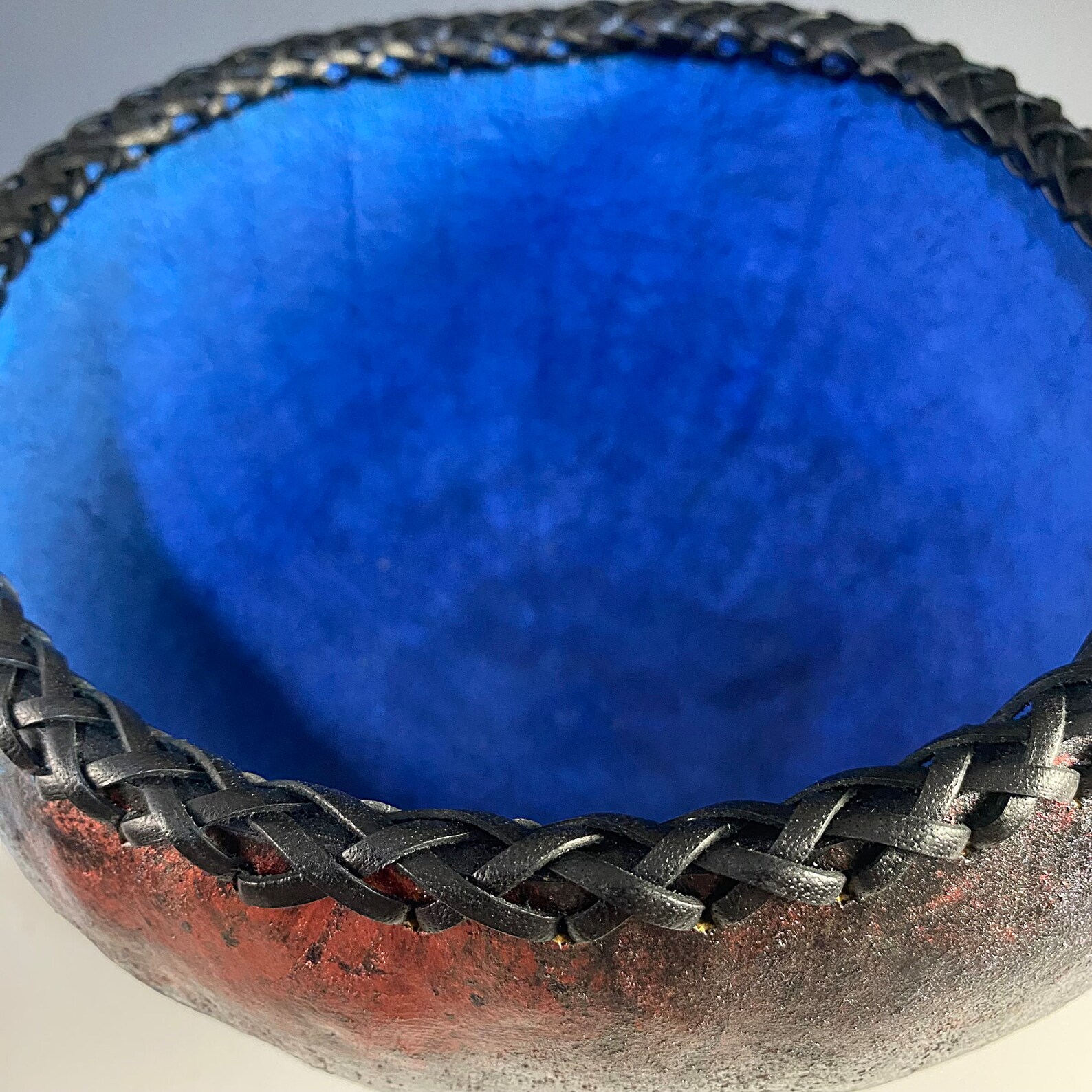 Gourd Vessel With Faux Raku Finish. Braided Leather Lacing on Rim ...
