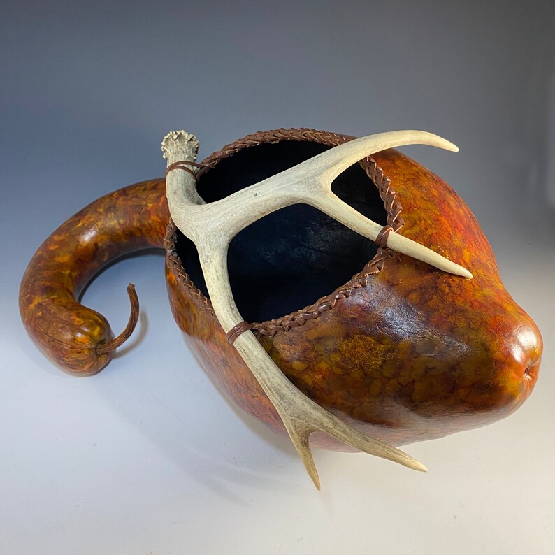 Gourd Art Vessel Dyed With Transtint. Leather Lacing Woven Rim. Antler ...