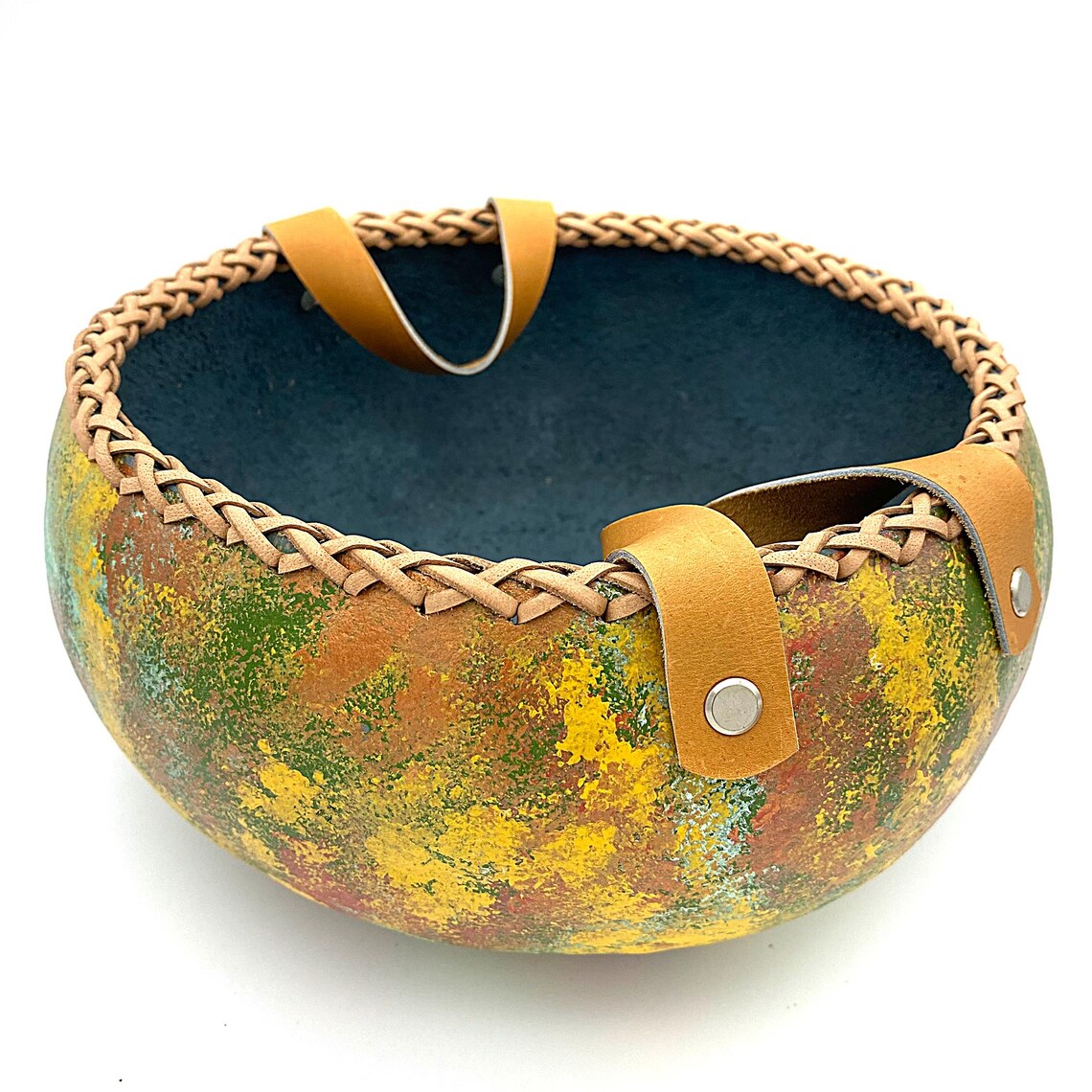 Gourd Vessel With Leather Handles With Rivets, Leather Lacing on Rim ...