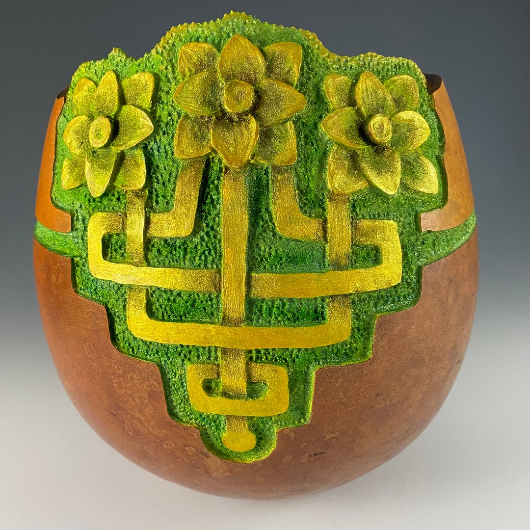 Gourd Vessel Carved and Dyed, Succulent Motif in Green and Gold. - Etsy