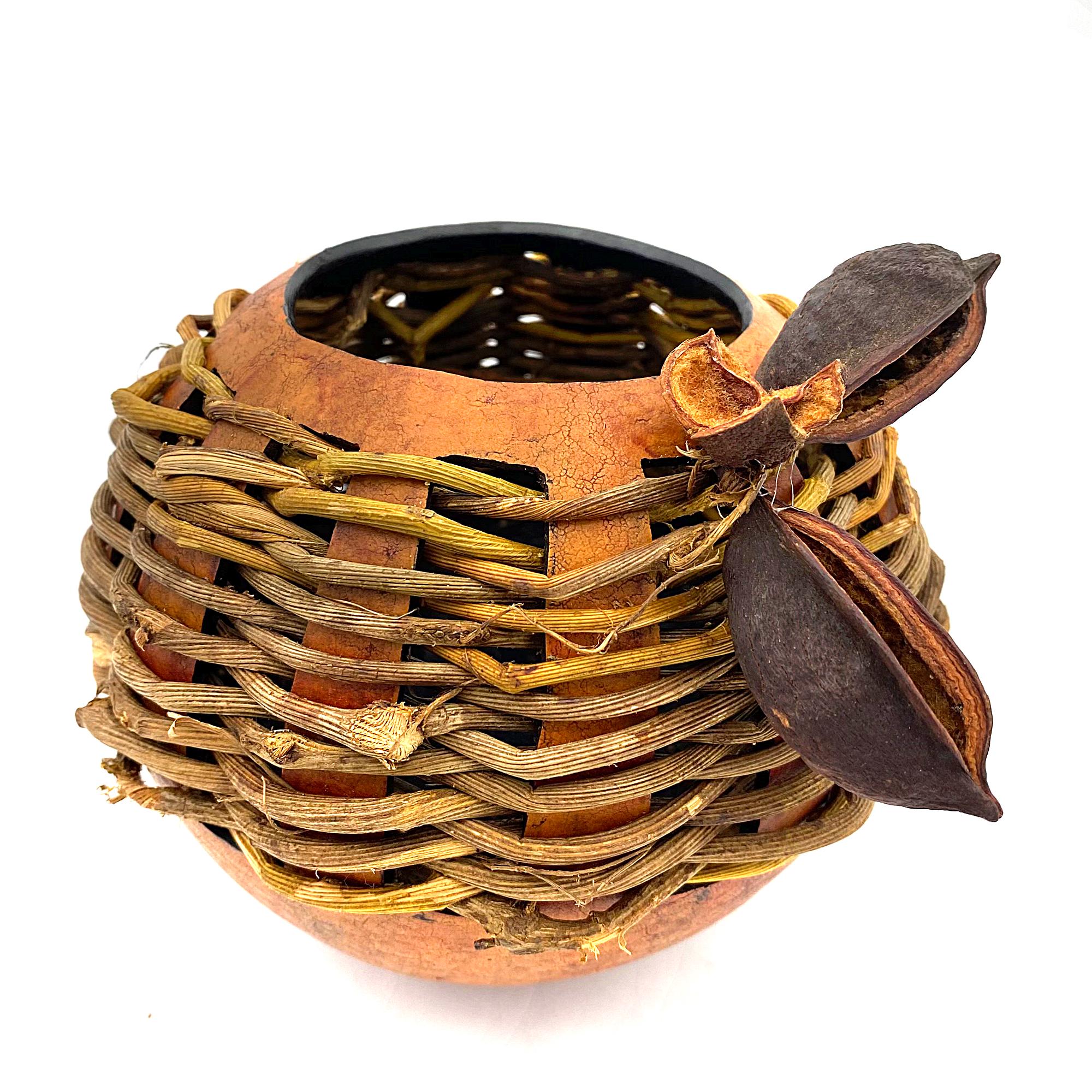 Small Gourd Vessel Cut and Woven With Vines. Carrot Wood and Seed Pods ...