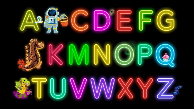 Neon ABC Alphabet Poster: Fun Illustrations, Nursery Homeschool Decor ...