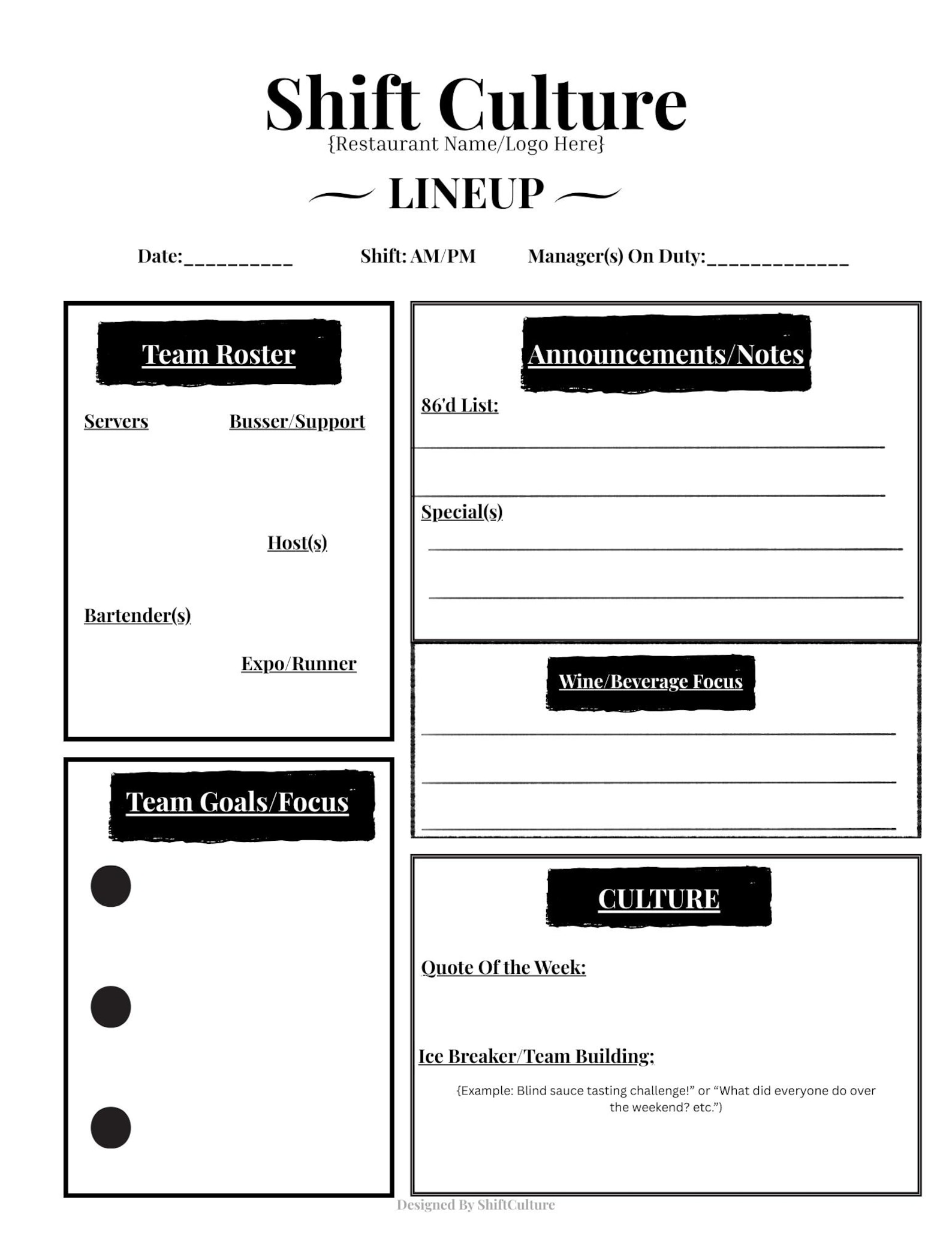 Editable Daily Line-up Sheet | Restaurant Pre-shift PDF Template - Etsy
