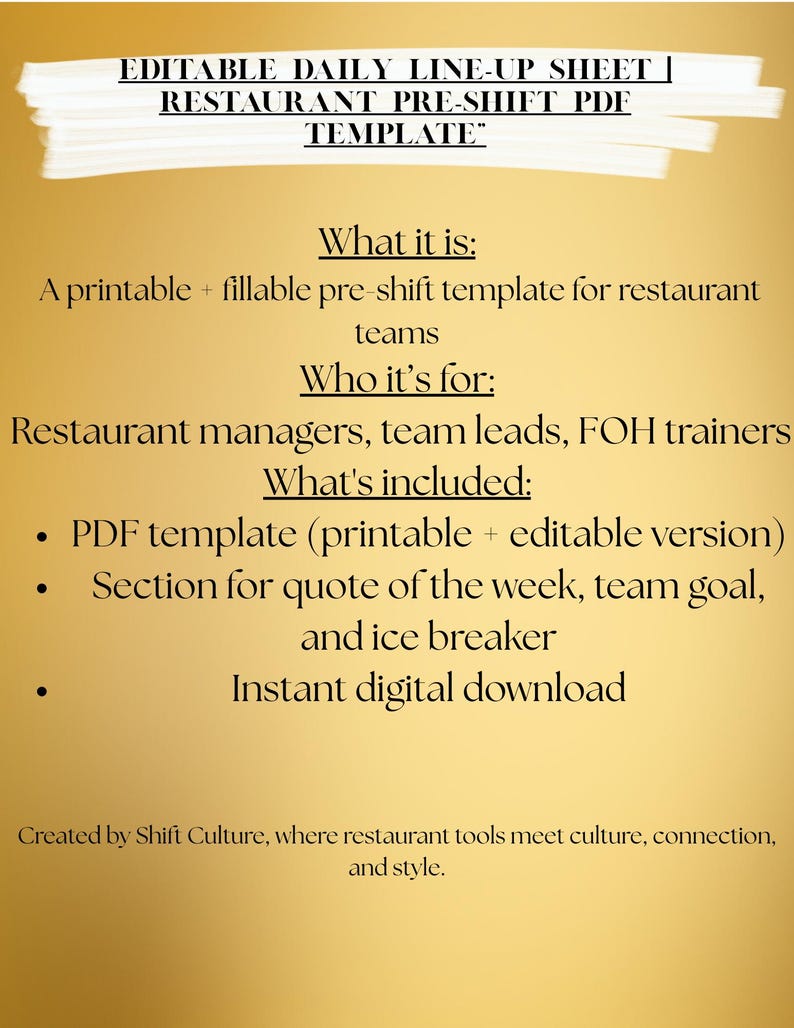Editable Daily Line-up Sheet | Restaurant Pre-shift PDF Template - Etsy