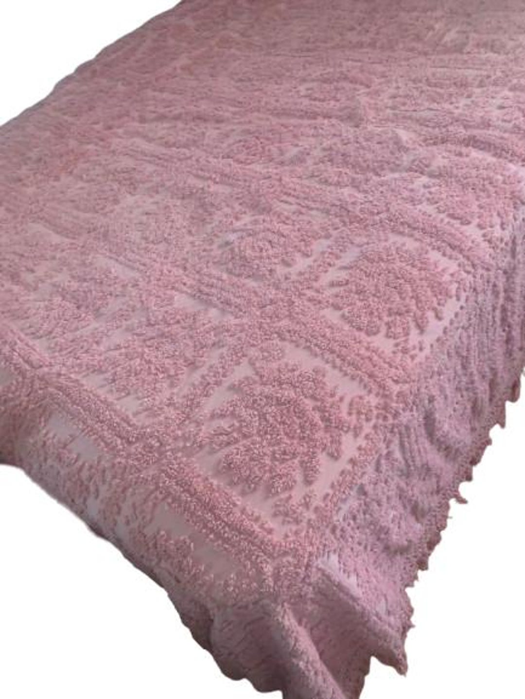 Mid Century Pink Cotton Chenille Fringed Bedspread 120 X 104 Inches ...