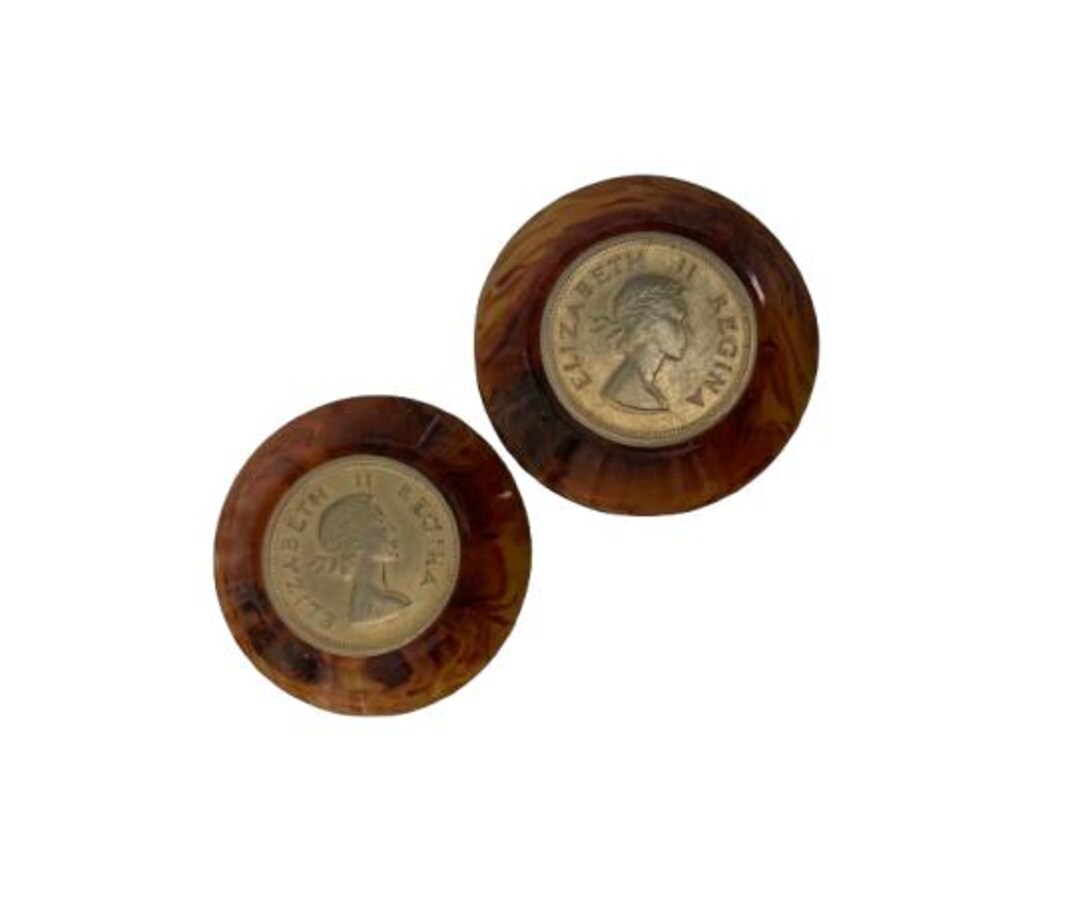 Elizabeth II Regina Coin Lucite Button Earrings Mid Century British ...