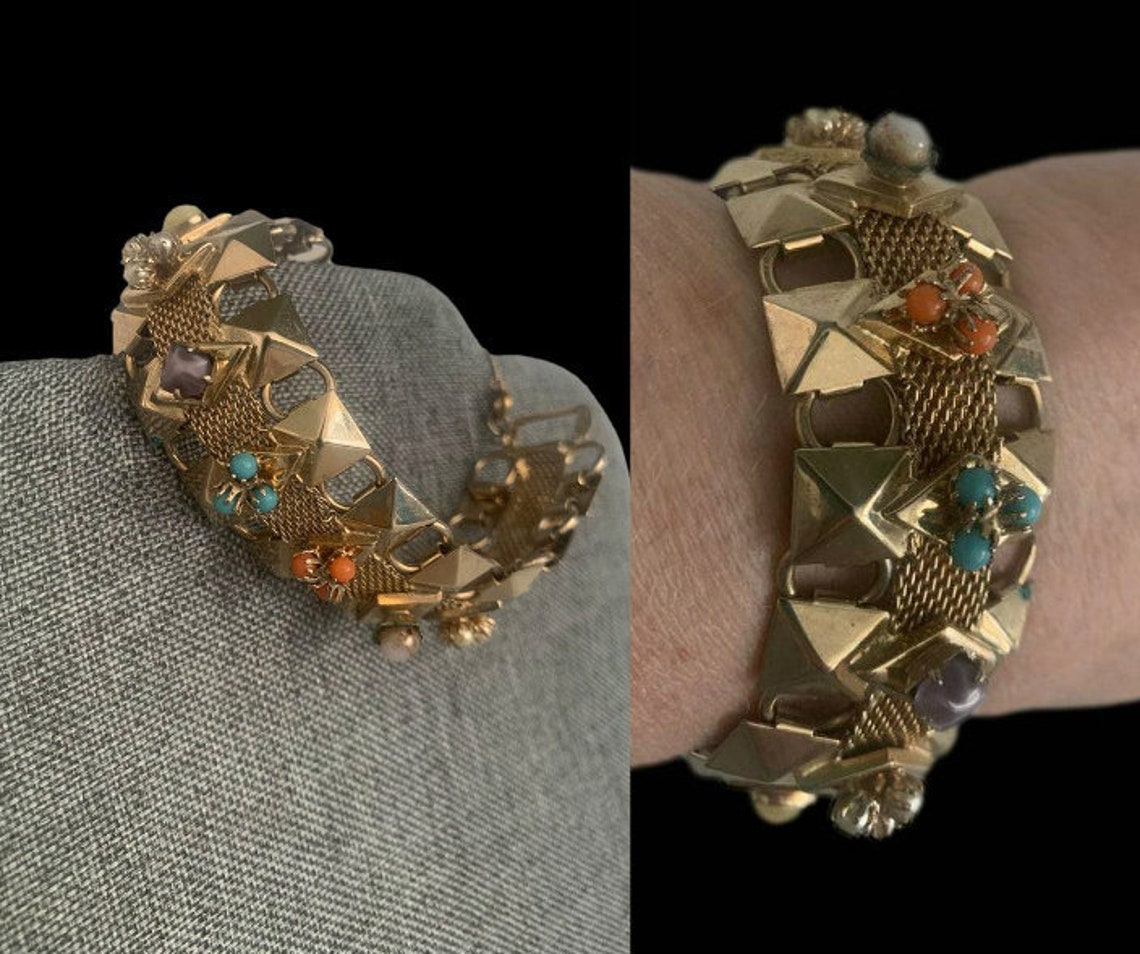 Kafin Gold Chunky Gemstone Bracelet // Mid Century Fashion Costume ...