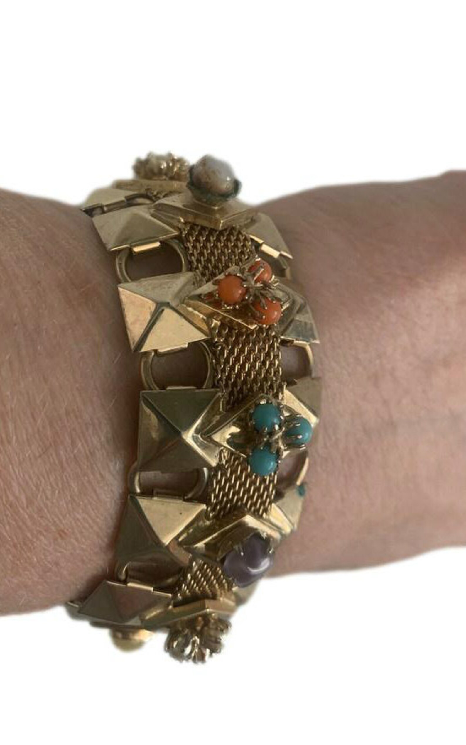 Kafin Gold Chunky Gemstone Bracelet // Mid Century Fashion Costume ...