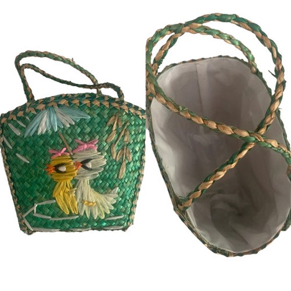 1960s Child’s Straw Handbag Raffia Woven Ducks Purse - Gem
