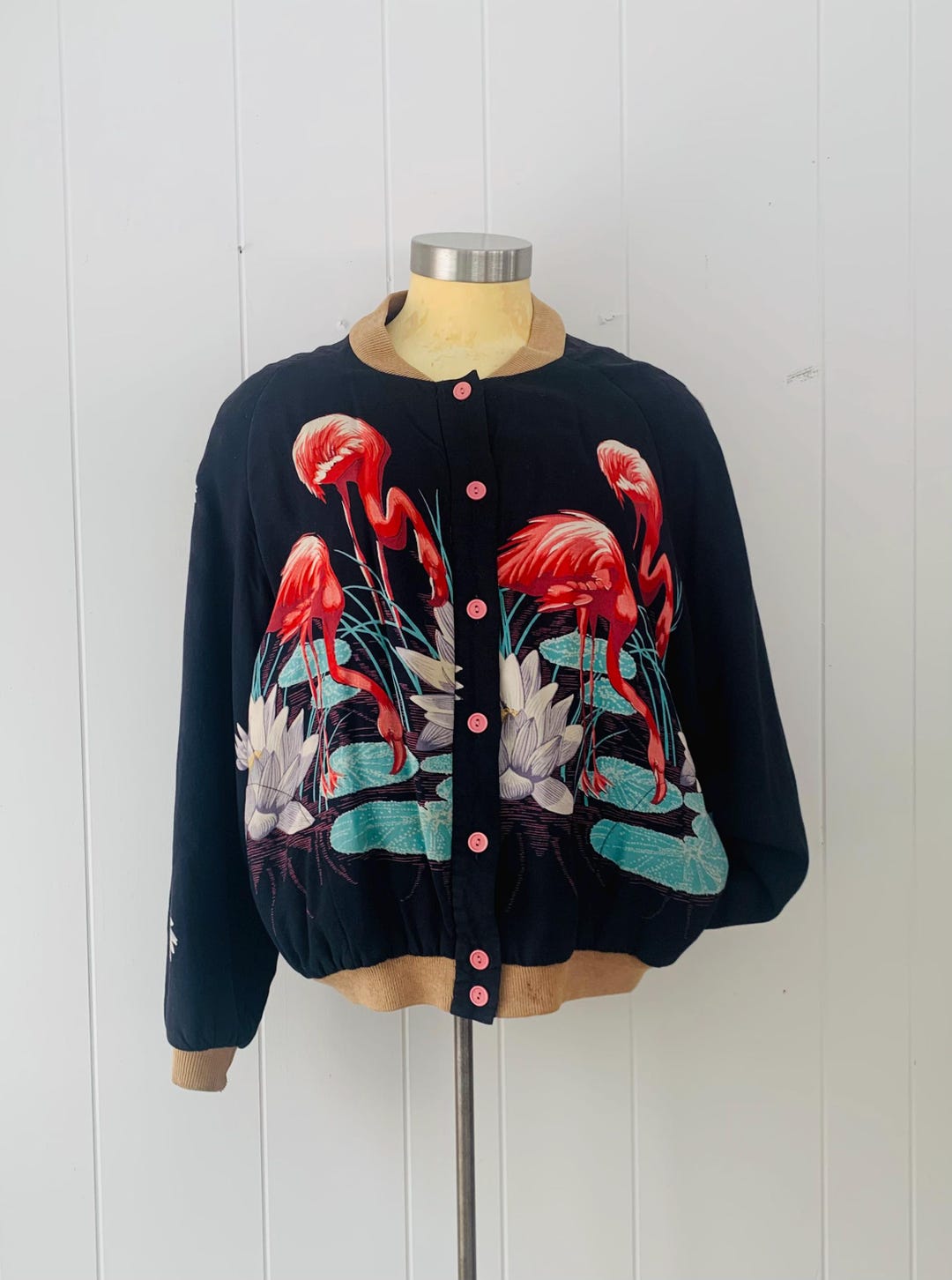 Pink Flamingo Print Bomber Jacket Vintage Mid Century 1970s Hipster ...
