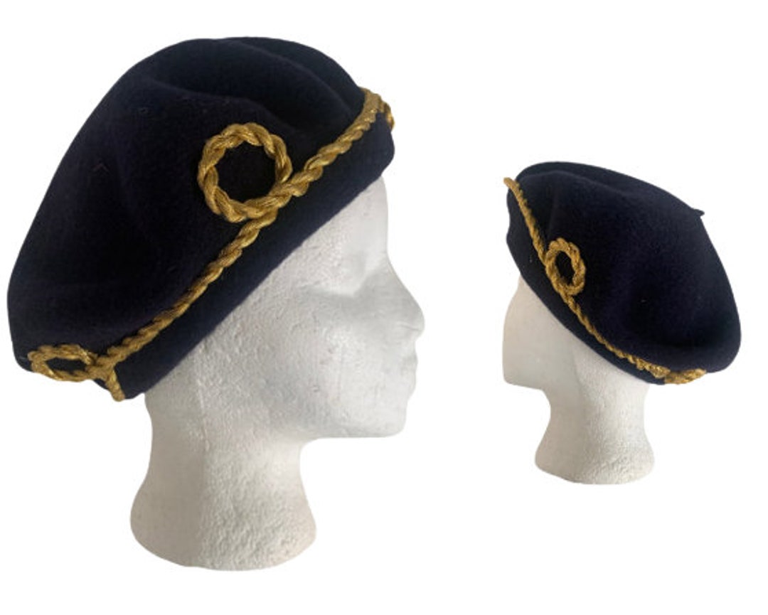 Navy Wool Gold Braid Beret Tam // Vintage Kathy Jeanne Hat - Etsy