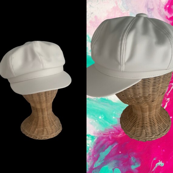 White Vegan Faux Leather Mod Cap Hat - Gem