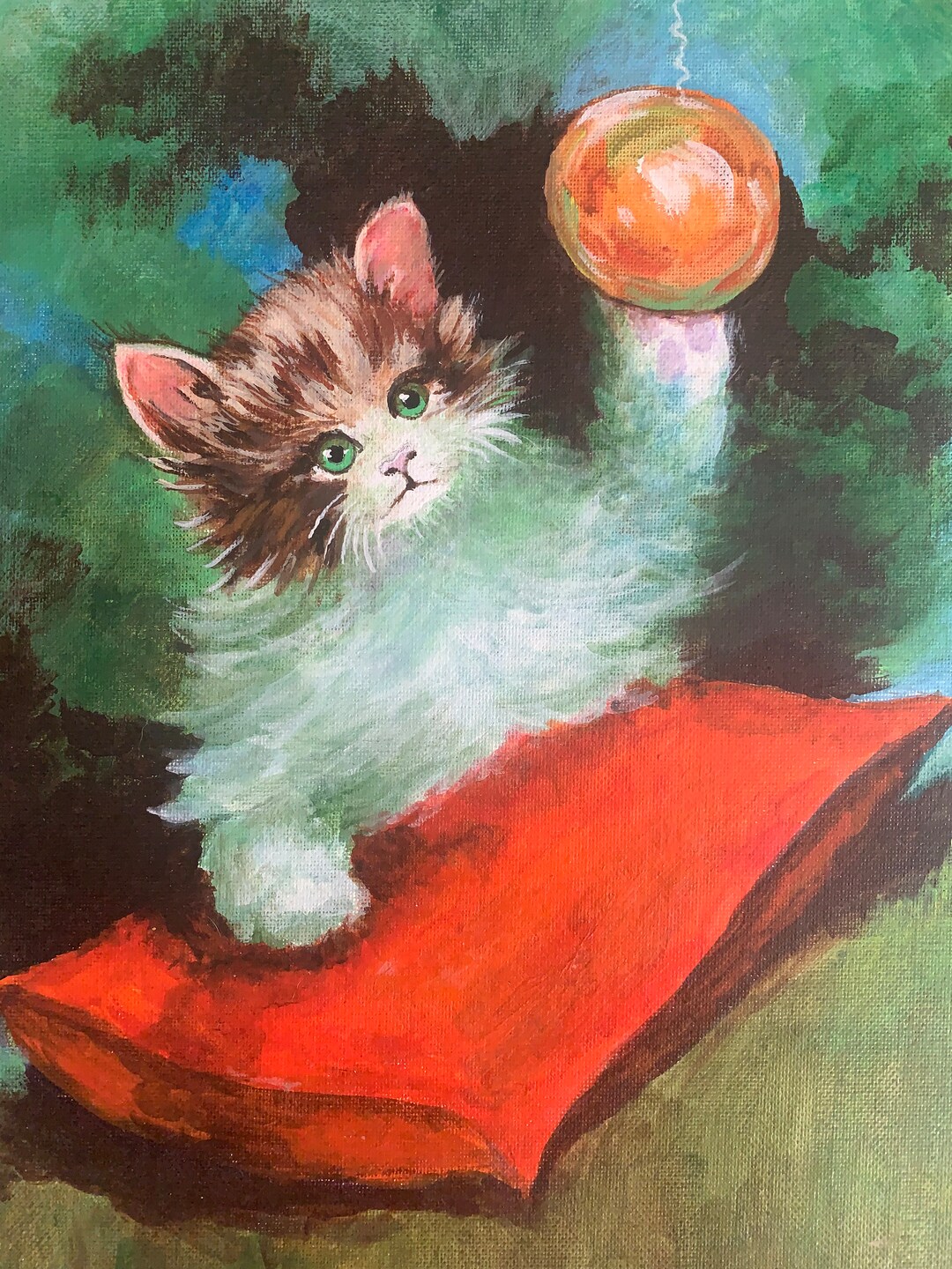 Kitten Cat With Yarn Ball Painting // Unframed Vintage Art - Etsy