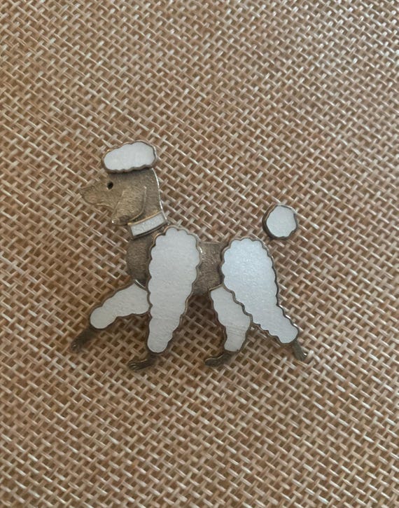 Silver White Enamel Poodle Brooch Pin - Gem