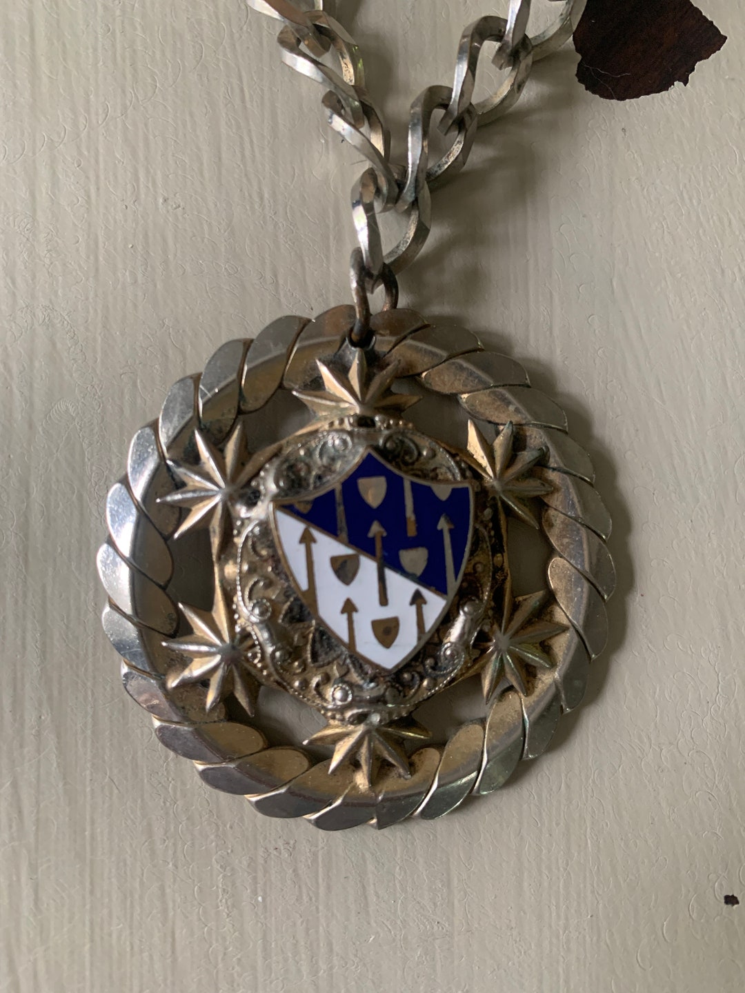 Heraldic Shield Chunky Medallion Chunky Necklace // Vintage Blue White ...