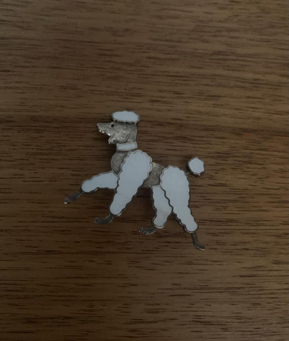Silver White Enamel Poodle Brooch Pin - Gem