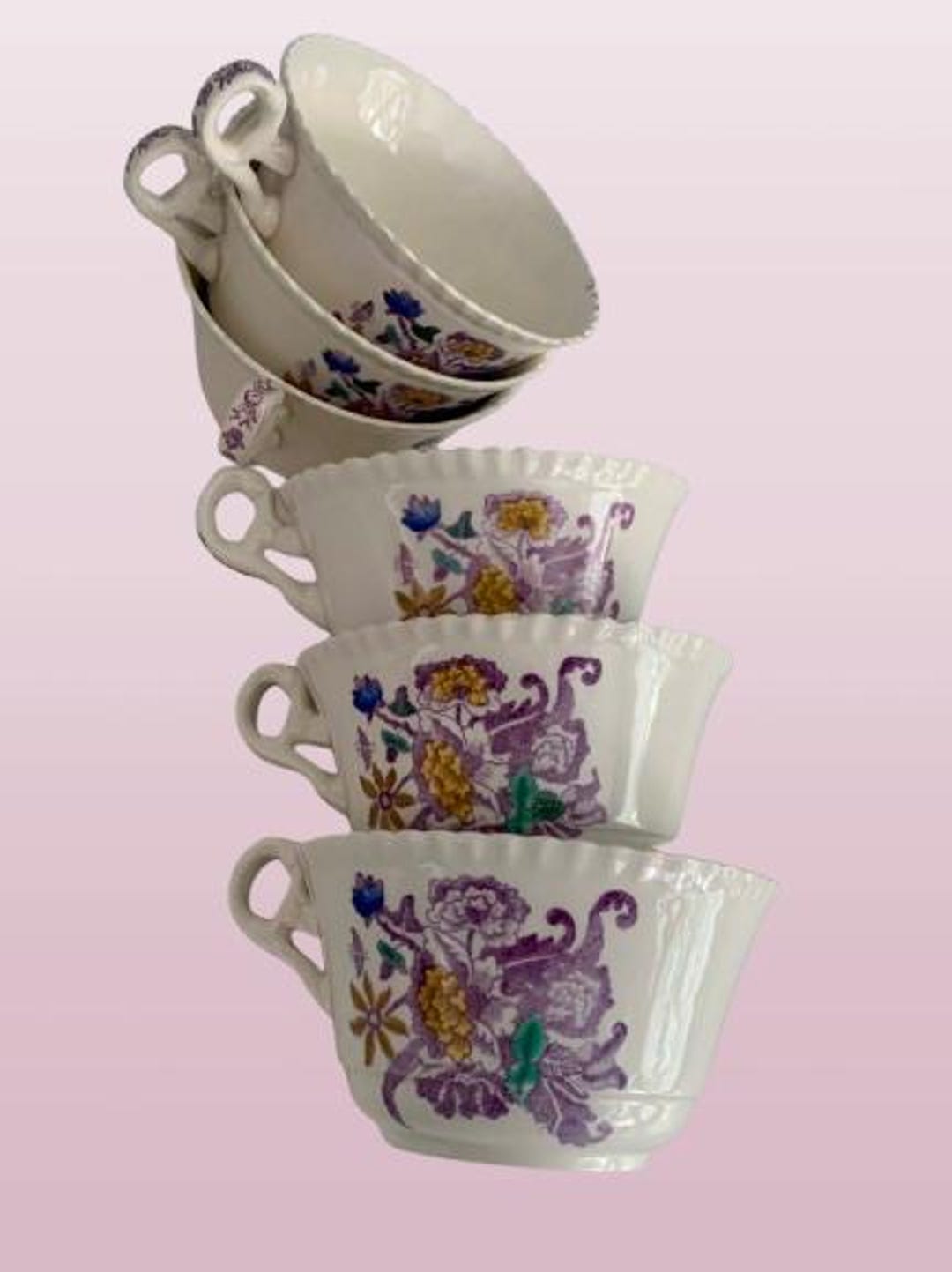 Copeland Spode Scalloped Cappuccino Cups Purple Floral Pattern Set of 6 ...
