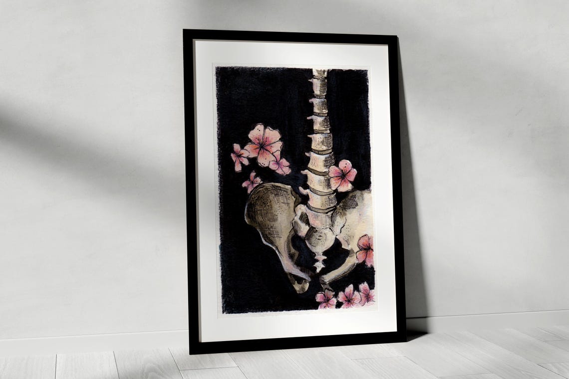 Gothic Botanical Art Print: Sacral Spine & Cherry Blossoms (5x7 Digital ...