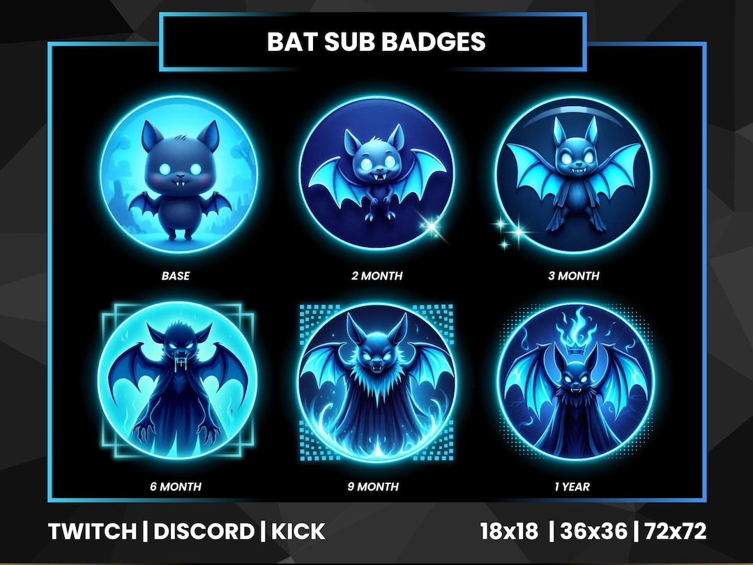 Twitch Bat Sub Badges | Blue Neon Glow Emotes | 6x Cute Bat Sub Badges ...