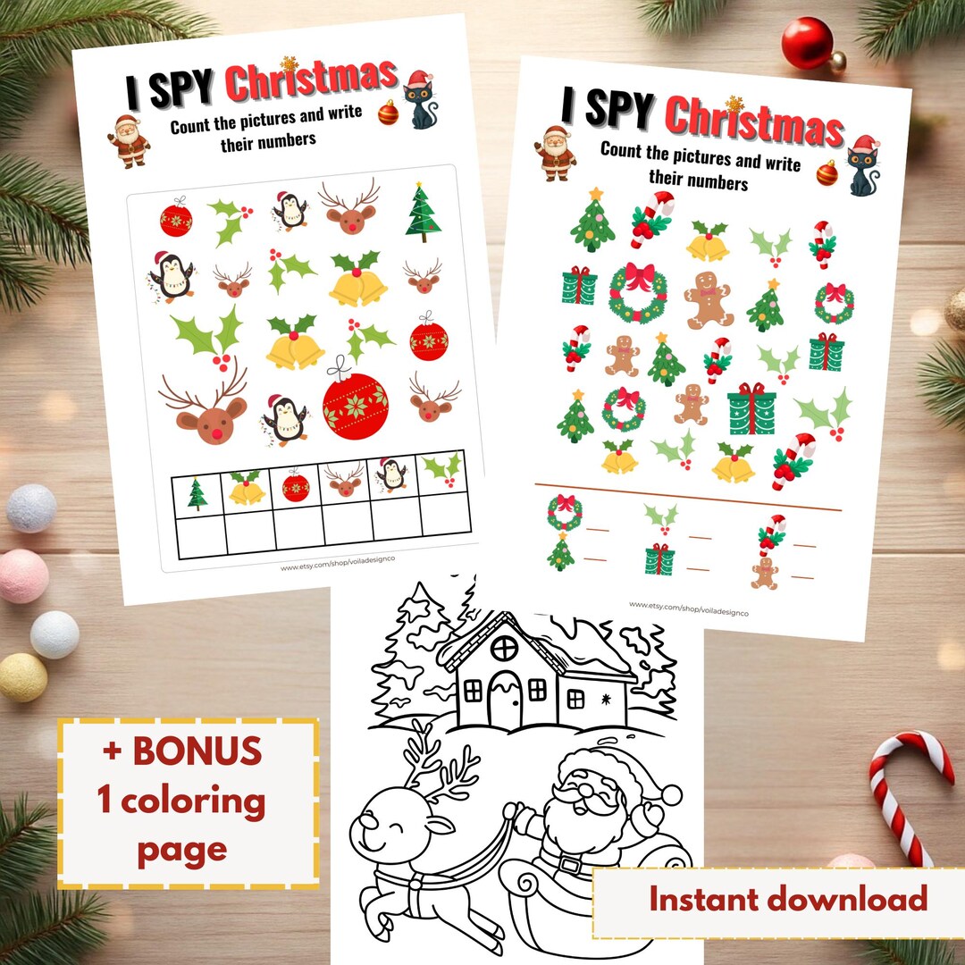 2 I Spy Christmas Game Printable for Kids + 1 Bonus Coloring Page ...