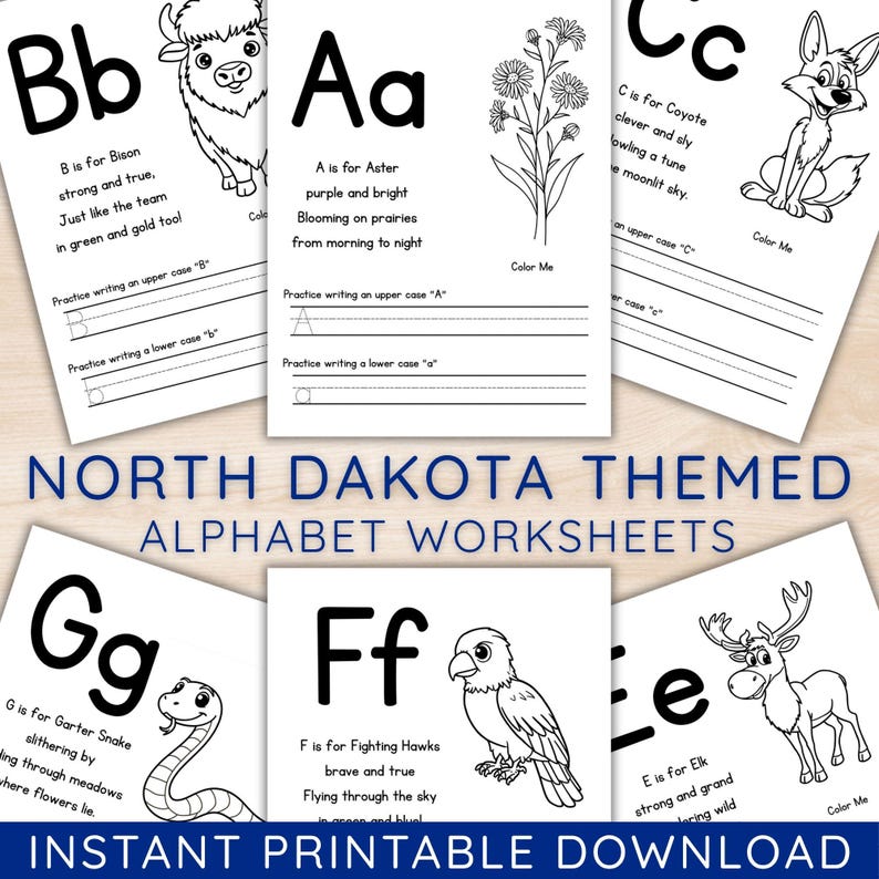 North Dakota Themed Alphabet Writing and Coloring Worksheets: Kids ...