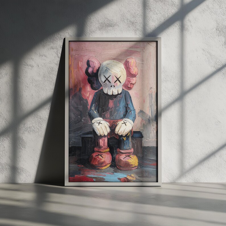 Kaws Inspired Oil Painting Poster, Textured Pop Art Print, Sad ...