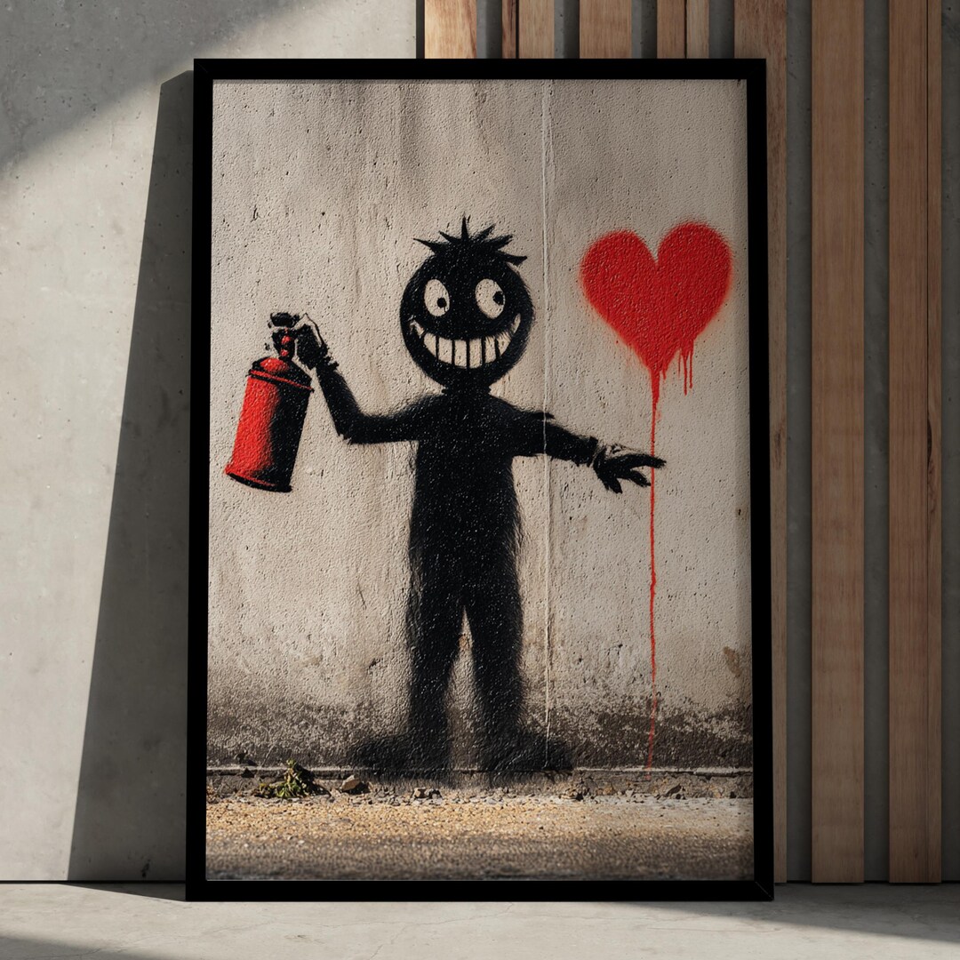 Banksy Style Smiling Figure Wall Art, Graffiti Heart Street Art Print ...