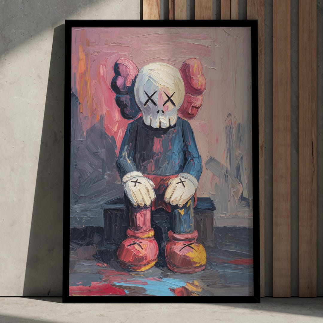 Kaws Inspired Oil Painting Poster, Textured Pop Art Print, Sad ...