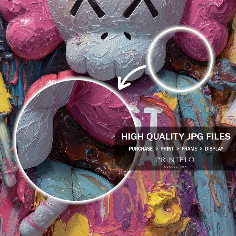 Kaws Inspired Oil Painting Poster, Textured Pop Art Print, Sad ...