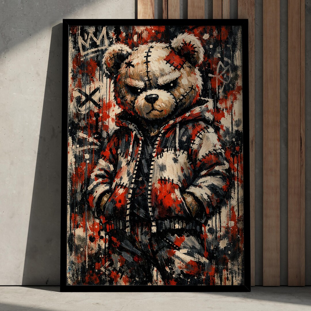 Graffiti Teddy Bear Wall Art Print, Red Black Street Art Poster, Urban ...