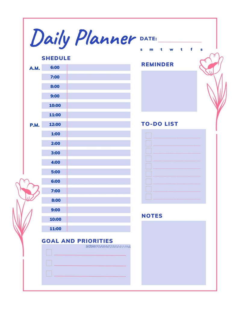 Elegant Daily Planner Printable – Minimalist Floral Schedule, To-do ...