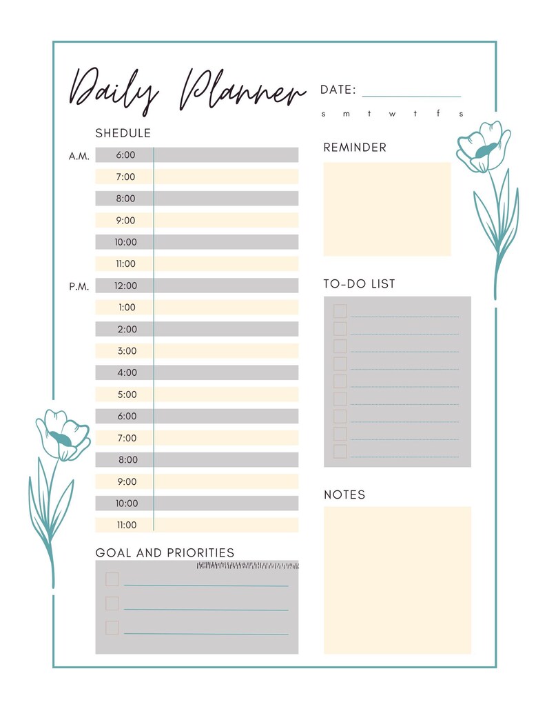 Elegant Daily Planner Printable – Minimalist Floral Schedule, To-do ...
