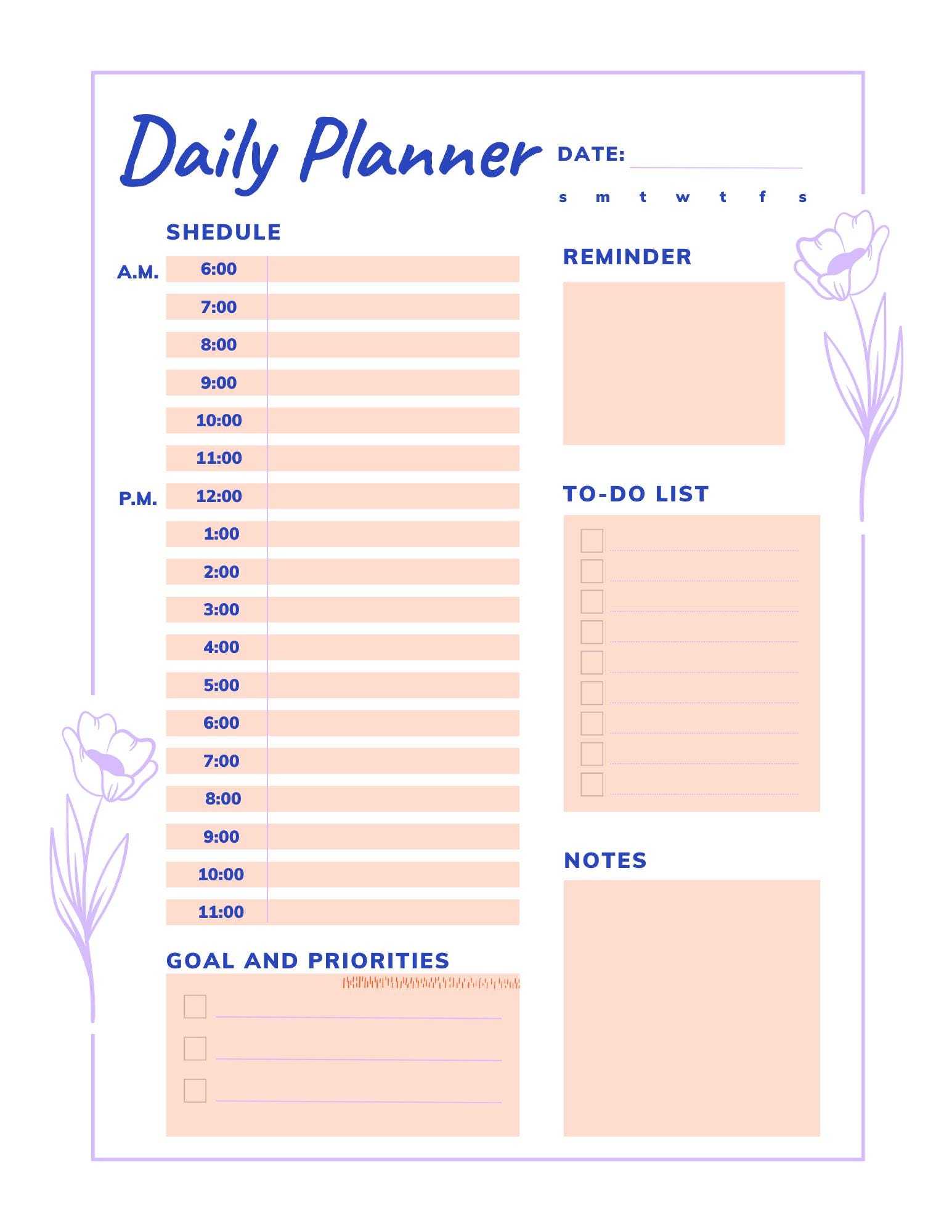 Elegant Daily Planner Printable – Minimalist Floral Schedule, To-do ...
