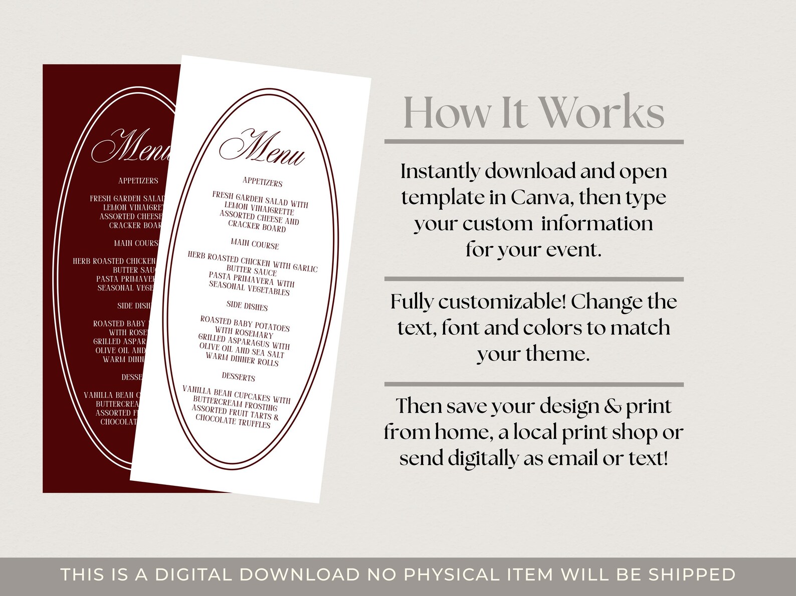 Burgundy Menu Template 4x9 | Elegant Oval Dinner Food Menu Card ...