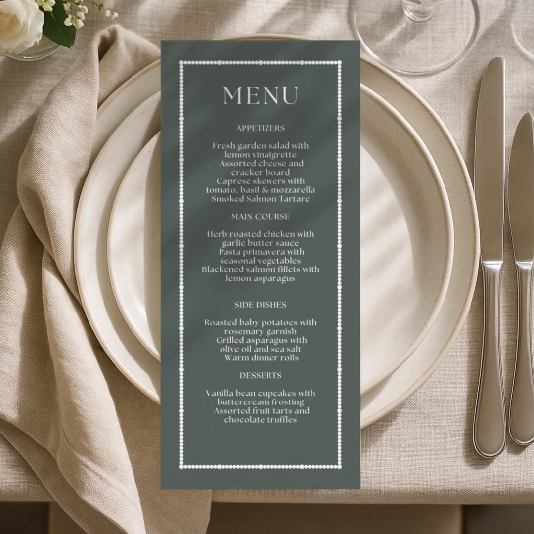 Green Menu Template 4x9 | Elegant Pearl Dinner Food Menu Card ...